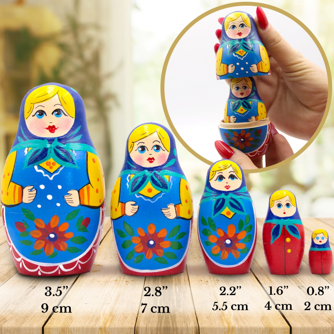 Matryoshka in Blue Headscarf and Sarafan Dress with Red Flowers (Set of ...